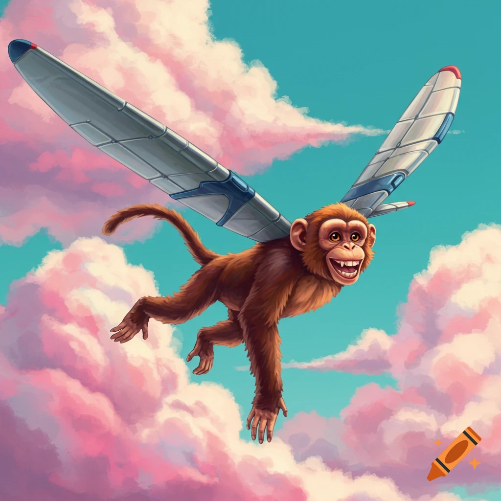A monkey with airplane wings flying through a cloudy sky. on Craiyon