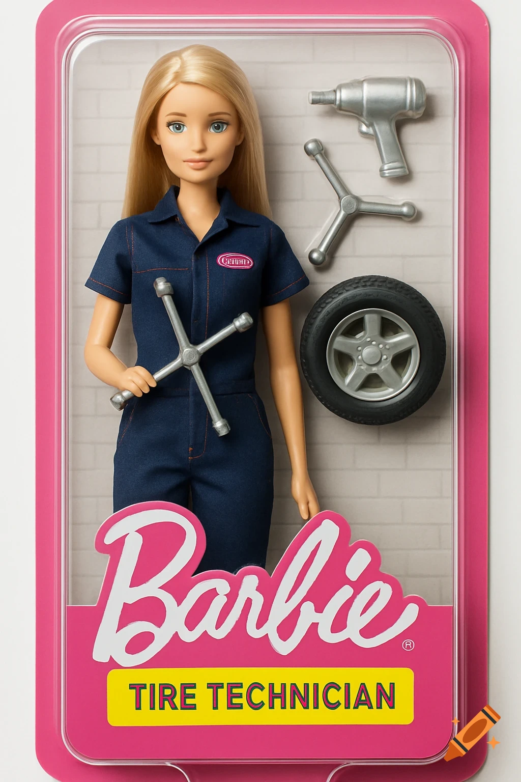 Tire technician Barbie doll in packaging on Craiyon