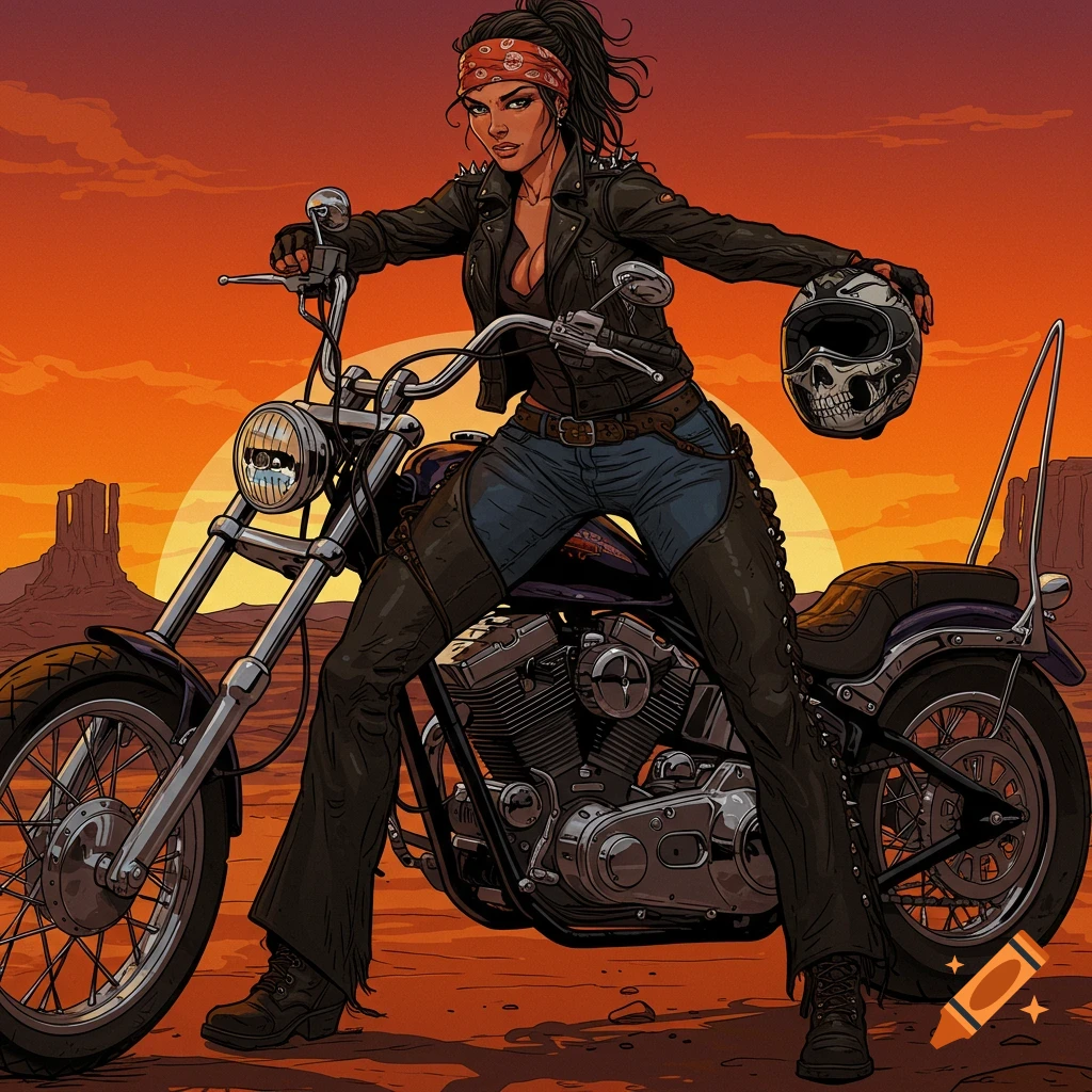 A woman on a motorcycle at sunset in a desert landscape, digital art ...