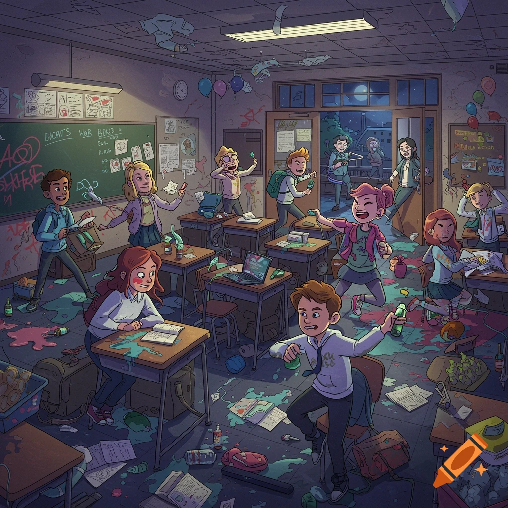 Cartoon illustration of high school students making a mess in a ...
