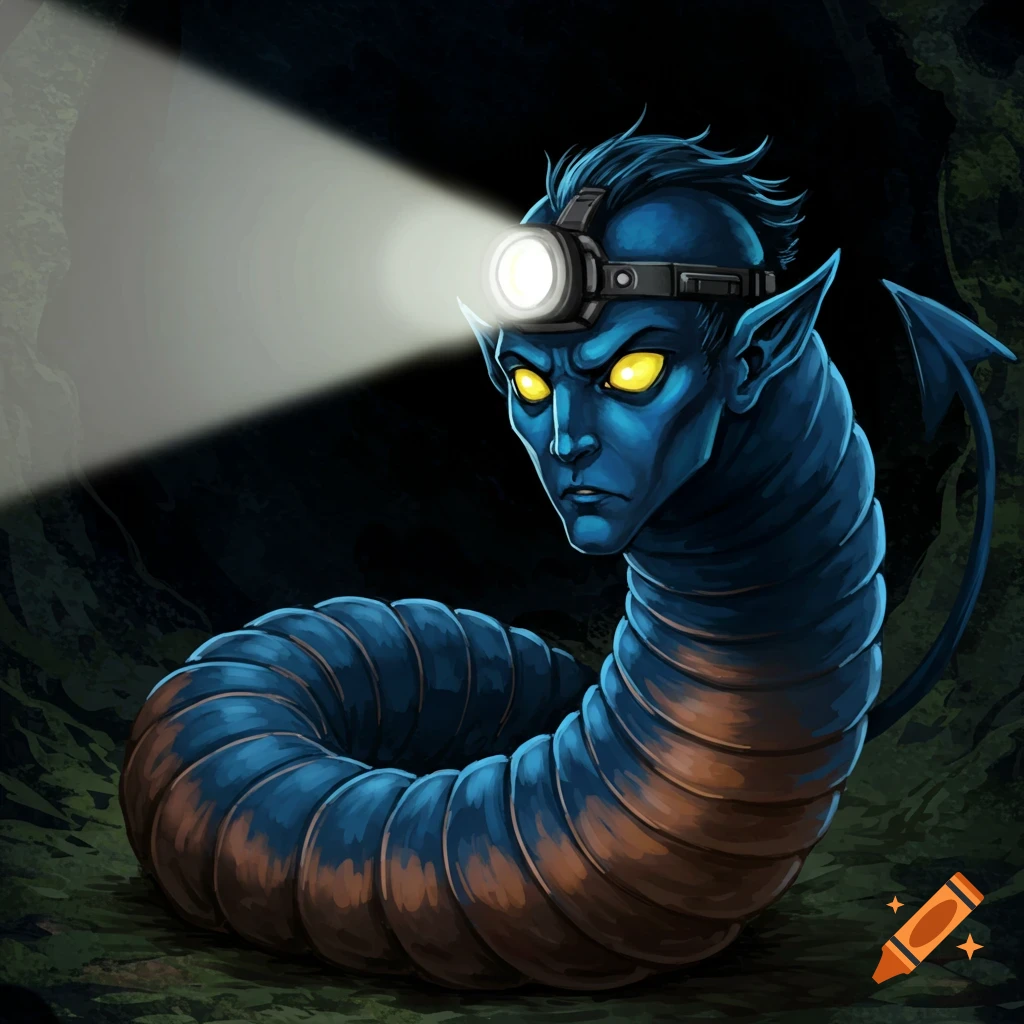 Nightcrawler worm with a headlamp flashlight on Craiyon