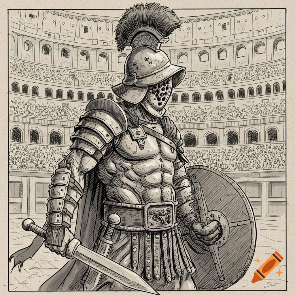 Detailed drawing of a Roman gladiator in armor holding a sword and ...