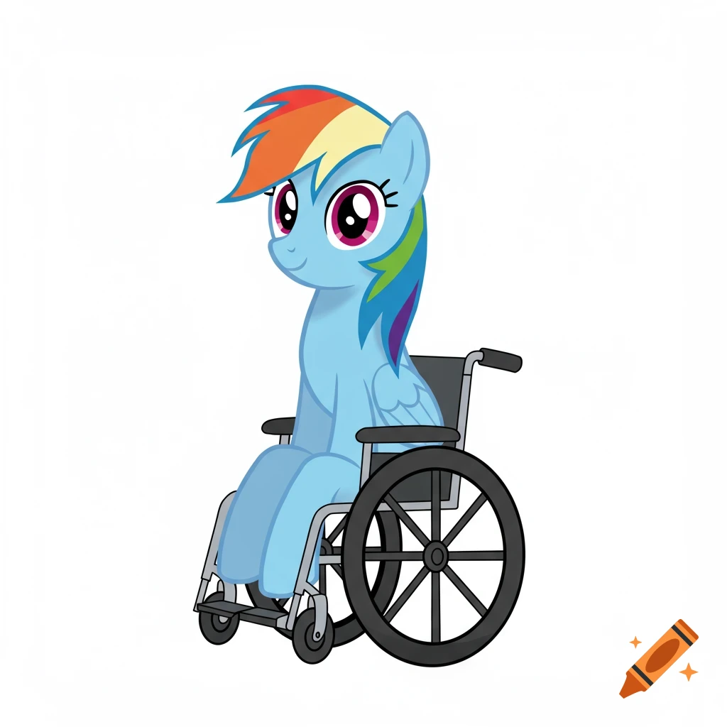 Rainbow Dash from My Little Pony in a wheelchair, 2D cartoon style with ...
