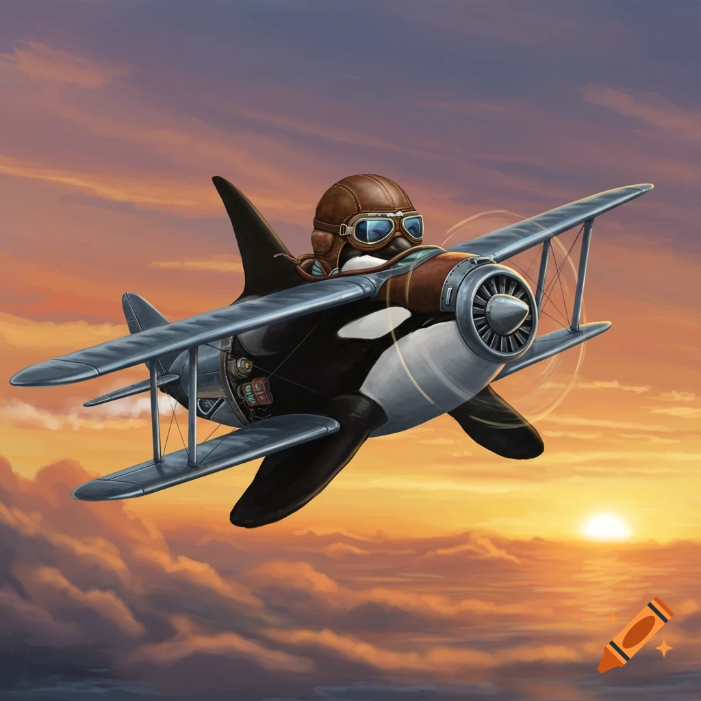 An orca wearing aviator gear flying a biplane at sunset. on Craiyon