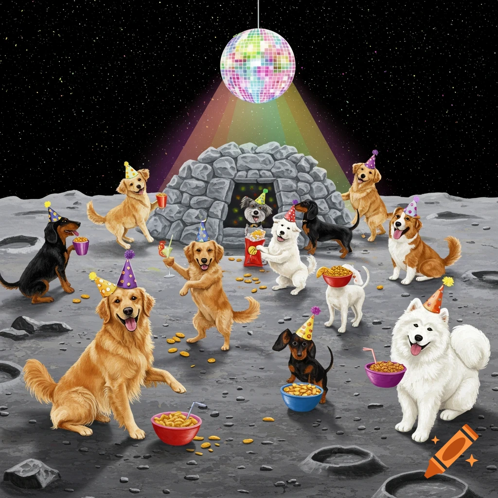 Dogs wearing party hats, celebrating on the moon under a disco ball. on ...