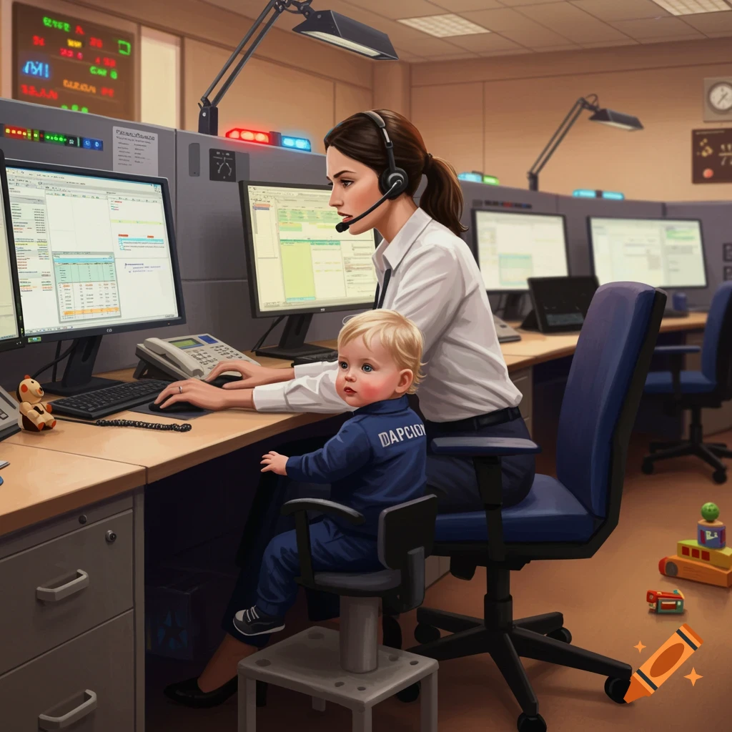 Mother and young boy working dispatch with headphones on Craiyon