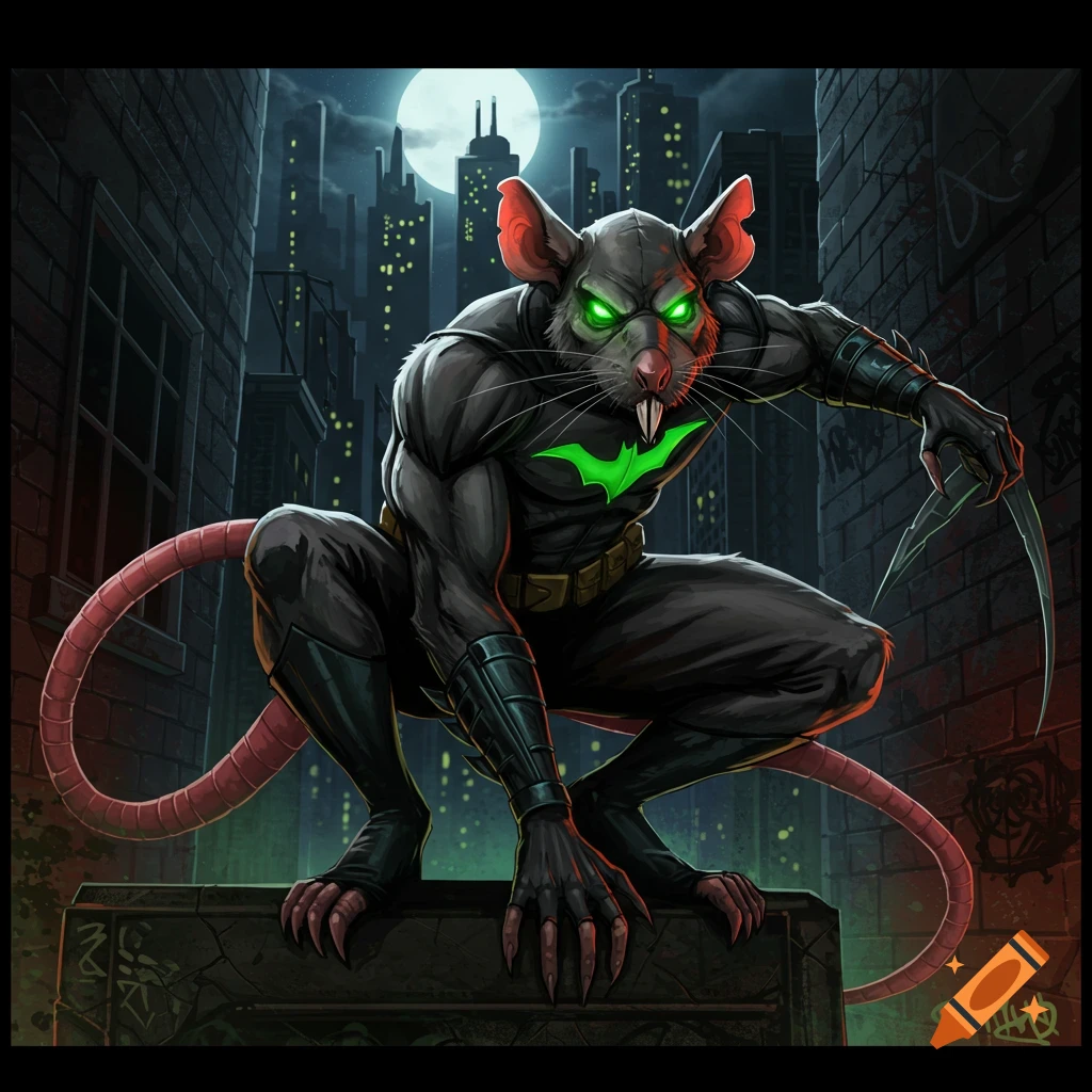 Ratman, a rat superhero, posing in a dark city alley under a full moon ...