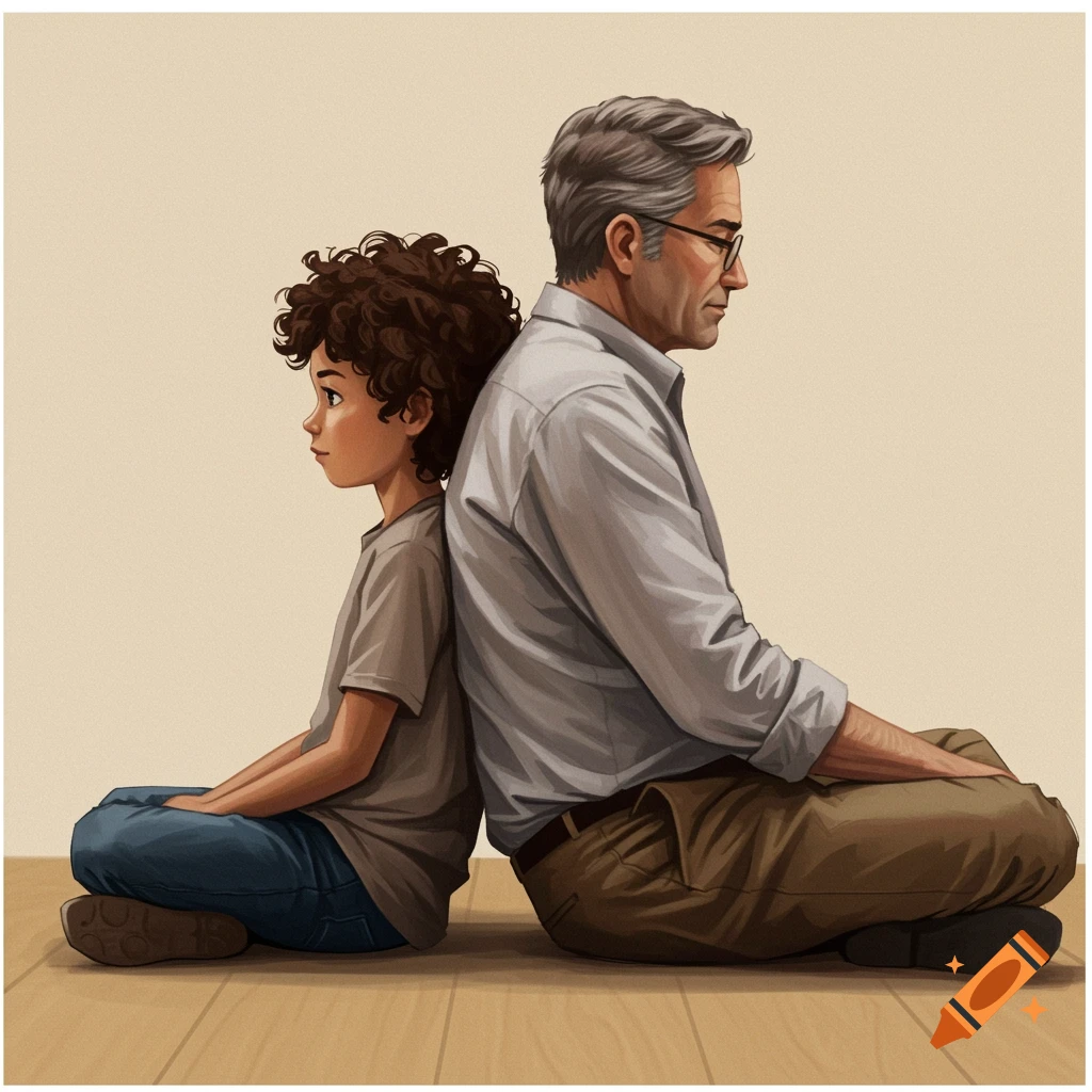 A child and adult sitting back-to-back on Craiyon