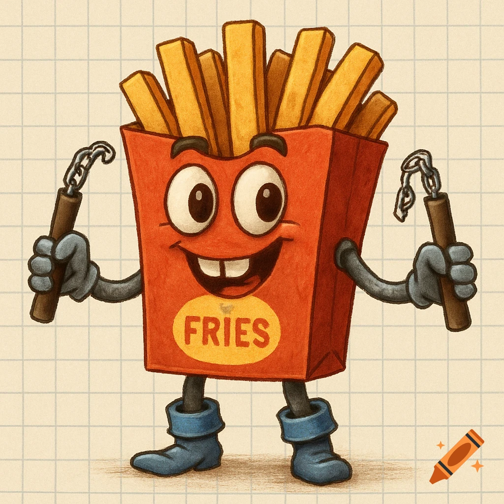 Cartoon anthropomorphic fries box character holding nunchucks on Craiyon