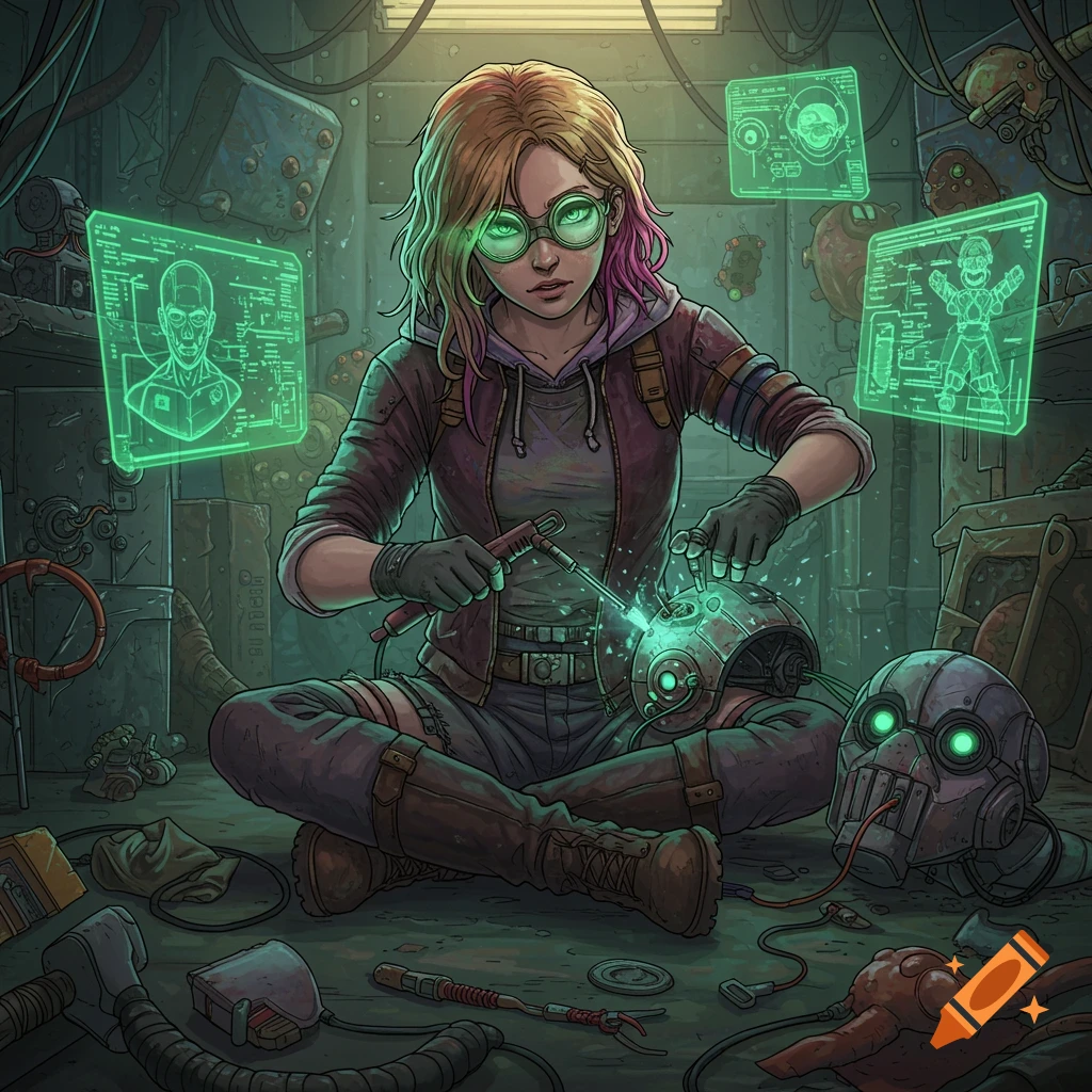 Comic book illustration of a teenage girl in a sci-fi lab repairing a ...