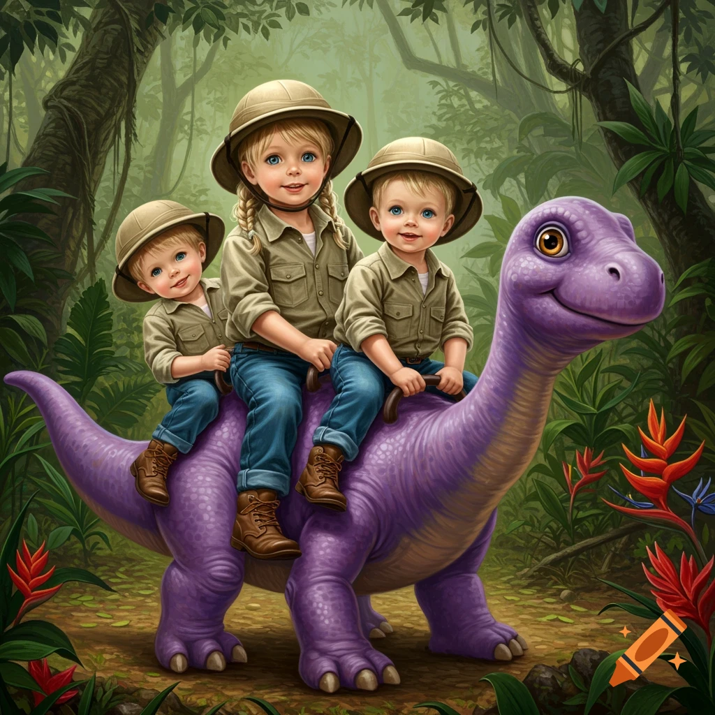 Illustration of three children in explorer outfits riding a purple ...