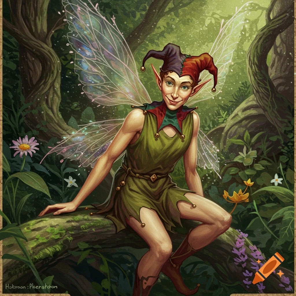 A female fairy with large green wings and red braided hair aims a bow ...