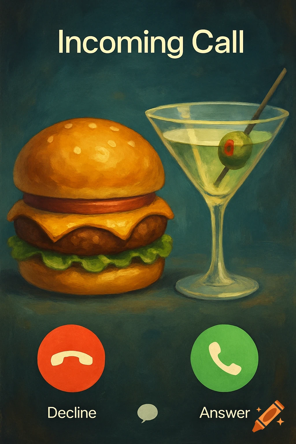 Incoming phone call screen with burger and martini on Craiyon