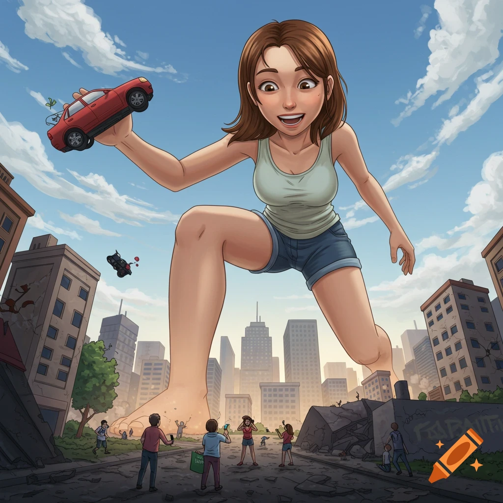 Giant woman playfully destroying a city, throwing cars and crushing ...