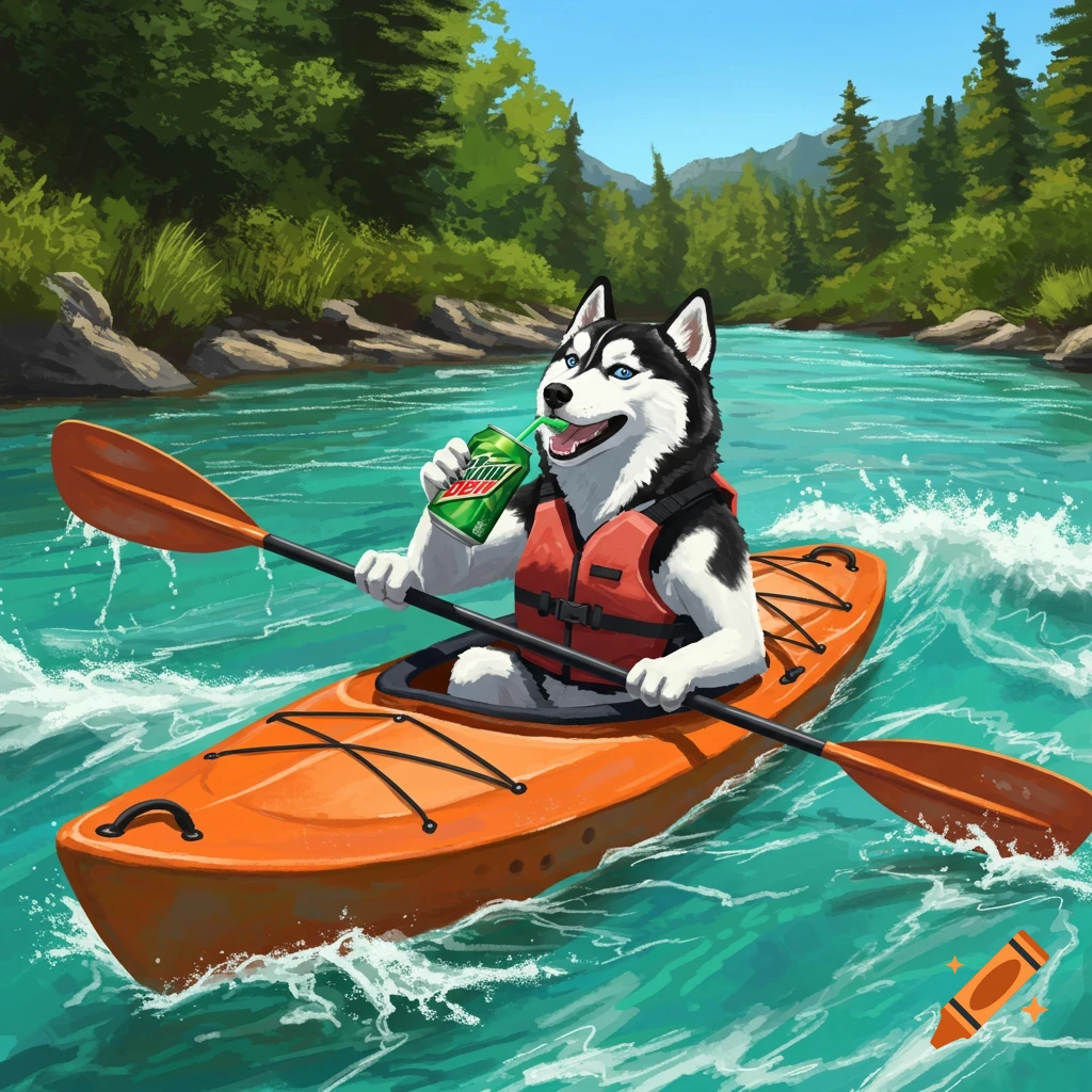 Husky kayaking down whitewater river drinking Mountain Dew on Craiyon