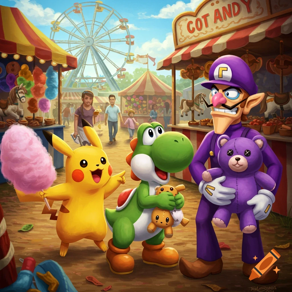 Pikachu, Yoshi, and Waluigi at the fair on Craiyon