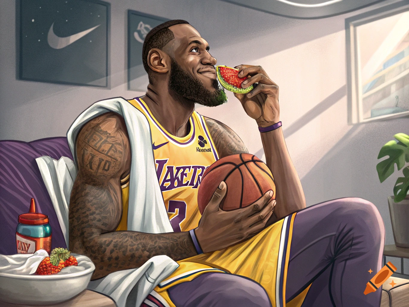 Illustration of a man resembling LeBron James eating fried chicken and ...