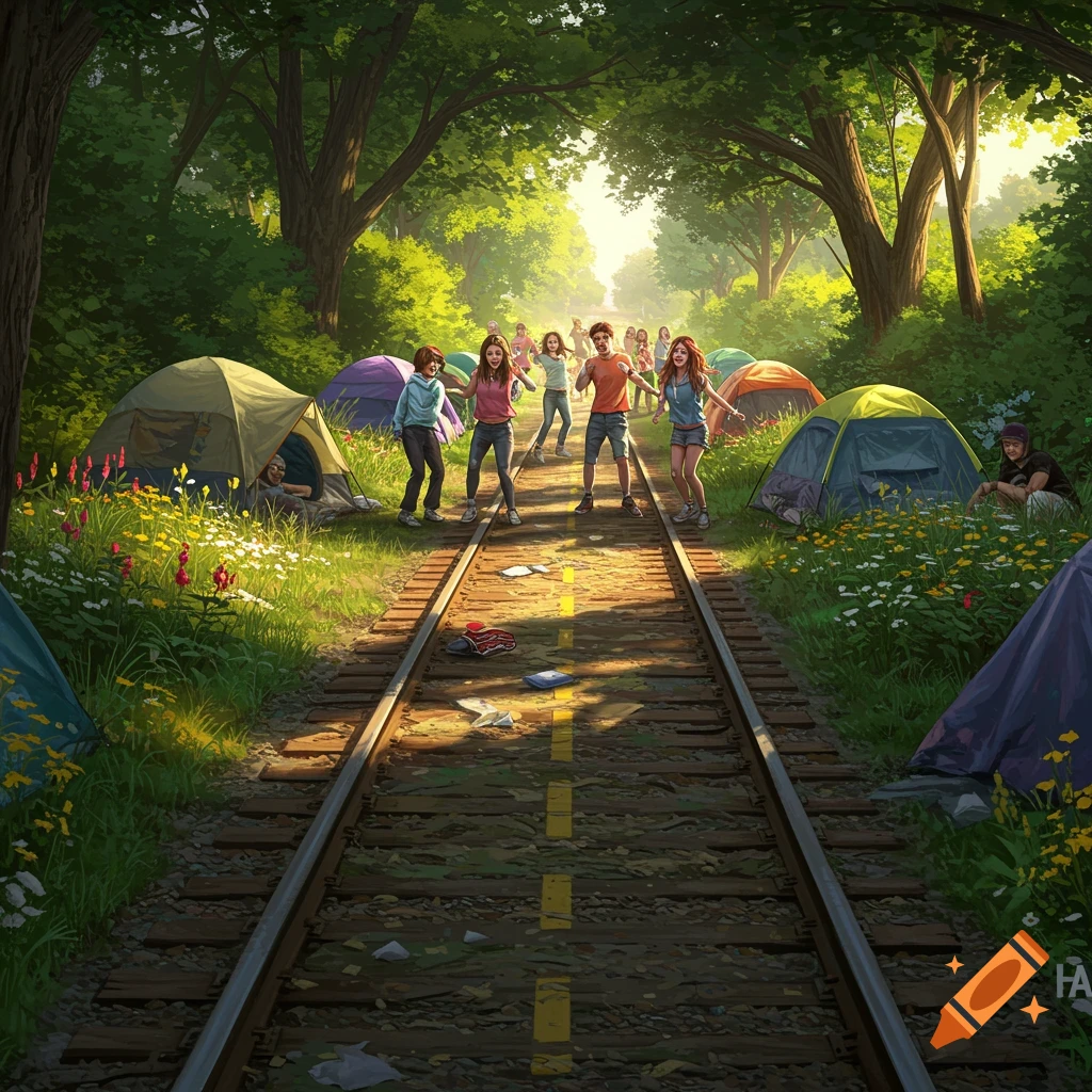 Rail trail with bicycle path, homeless tents, and teenagers on Craiyon