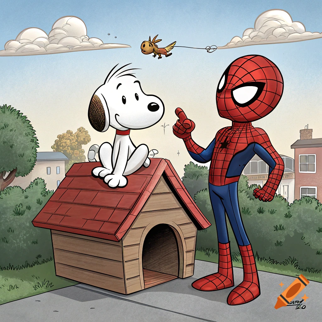 Cartoon of Snoopy on his doghouse talking to Spider-Man on a suburban ...
