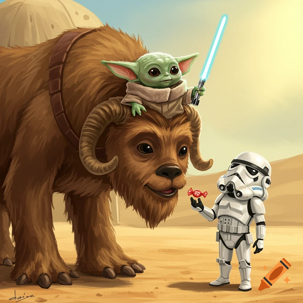 Grogu riding a banta and feeding candy to a stormtrooper on Craiyon