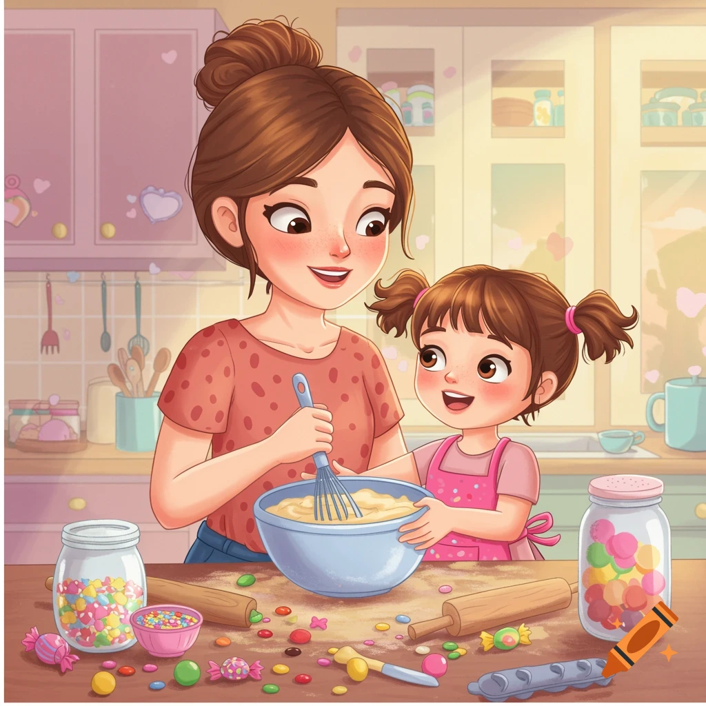 Cartoon illustration of a mother and daughter baking in a kitchen with ...