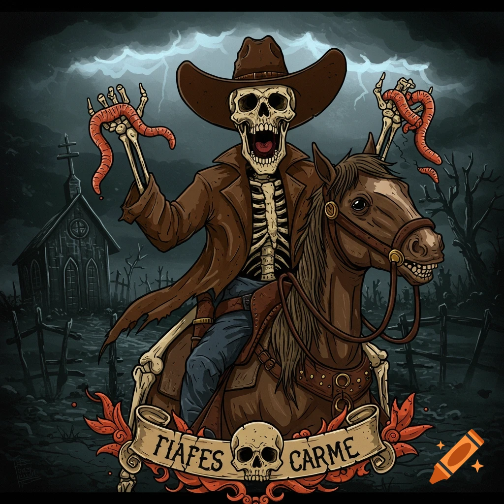 Skeleton cowboy riding horse in tattoo style on Craiyon