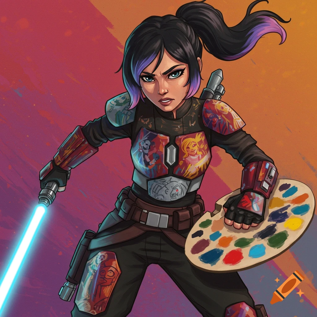A digital painting of Sabine Wren in Mandalorian armor holding a ...