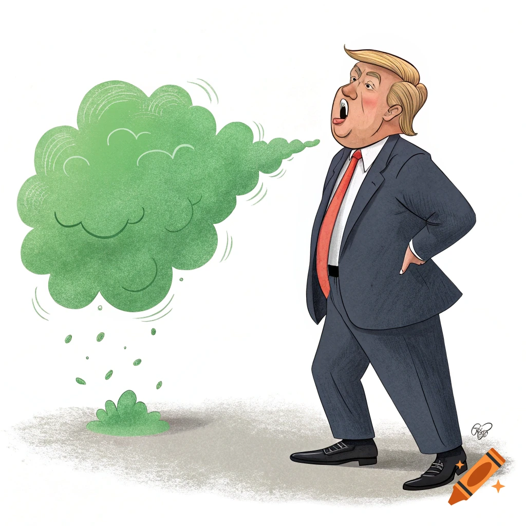 Political cartoon caricature of an angry Donald Trump standing under a ...