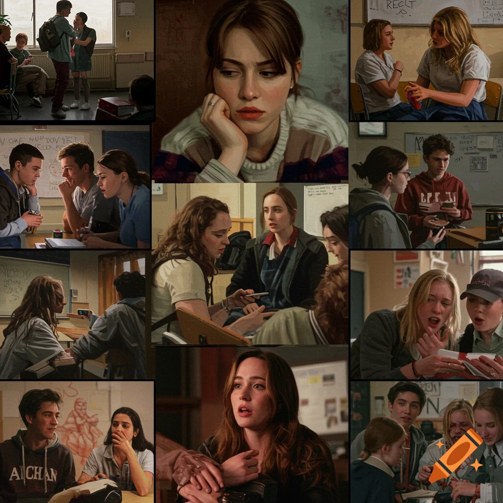 Collage illustrating school dynamics and substance abuse. on Craiyon