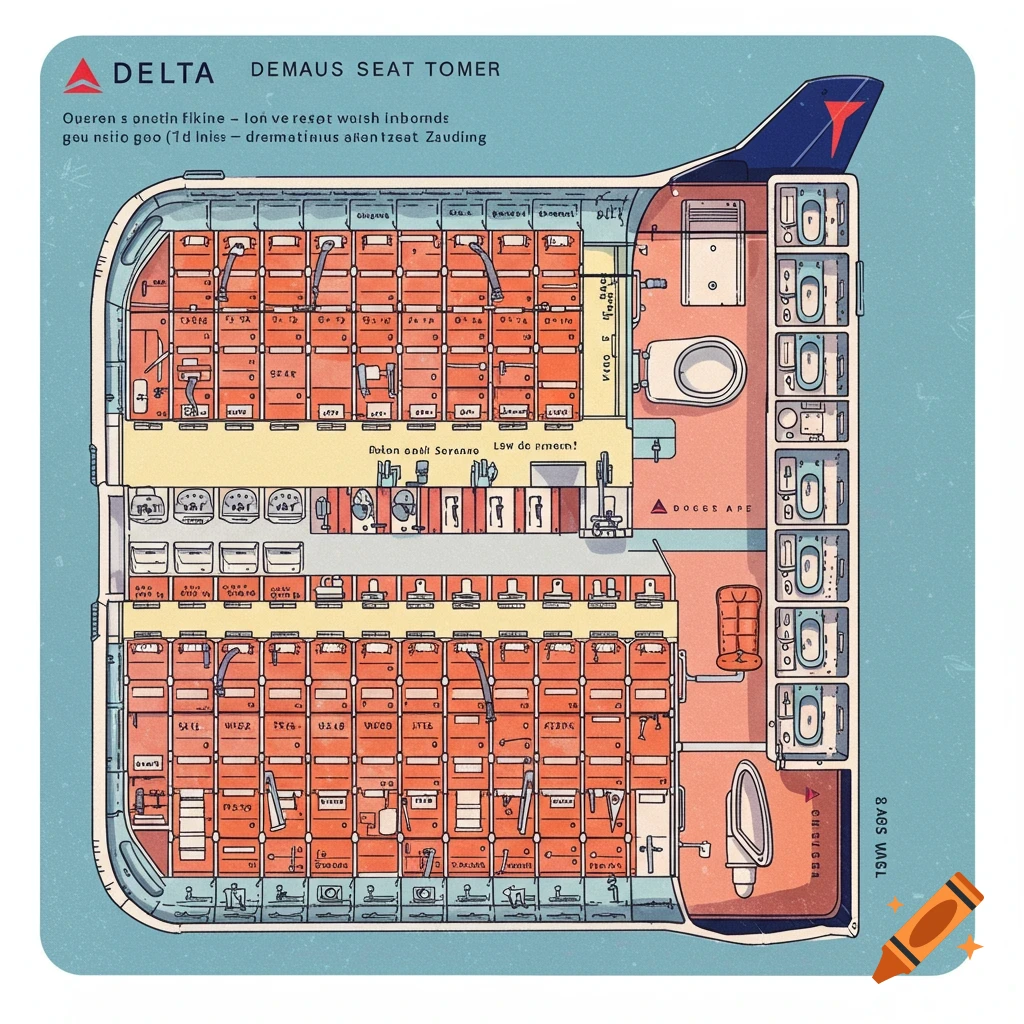 Diagram of an airplane seat map with bathrooms and a seat in the ...