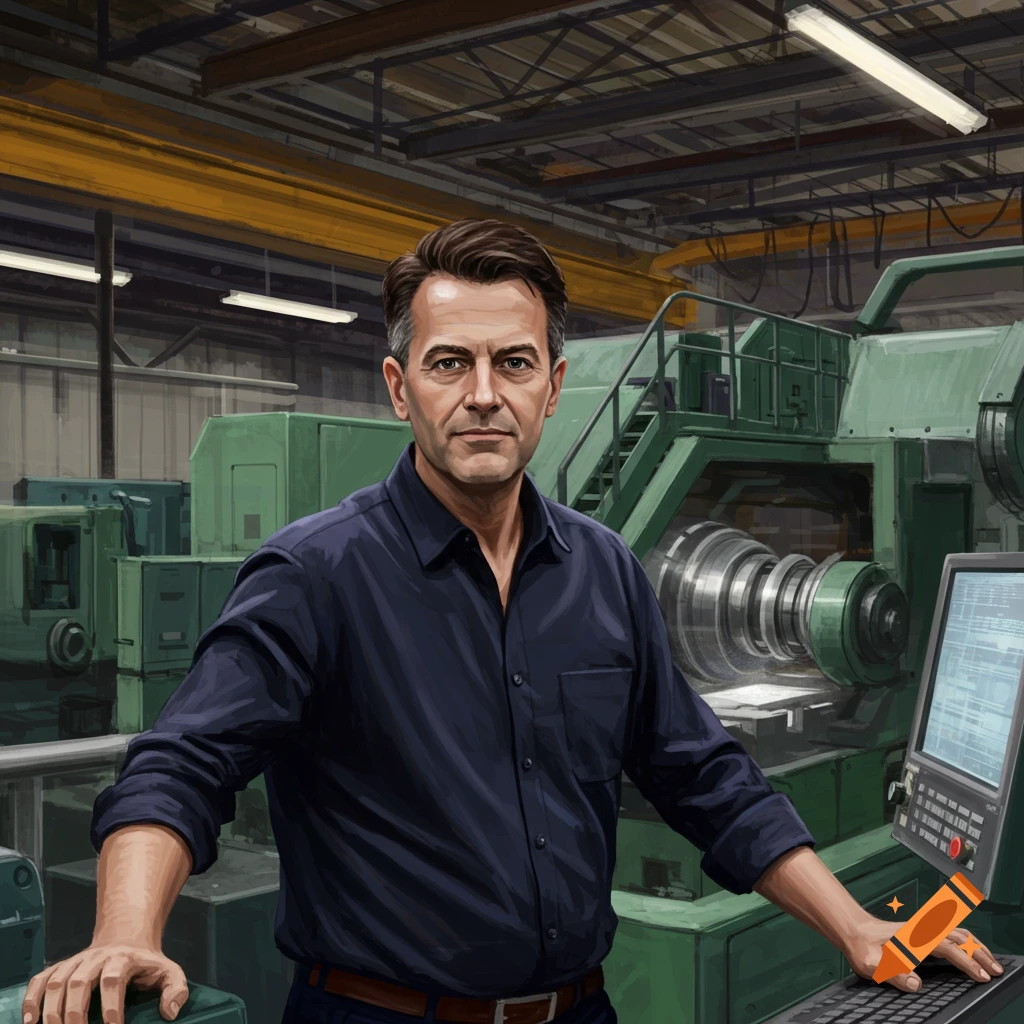 A man standing in an industrial factory setting on Craiyon