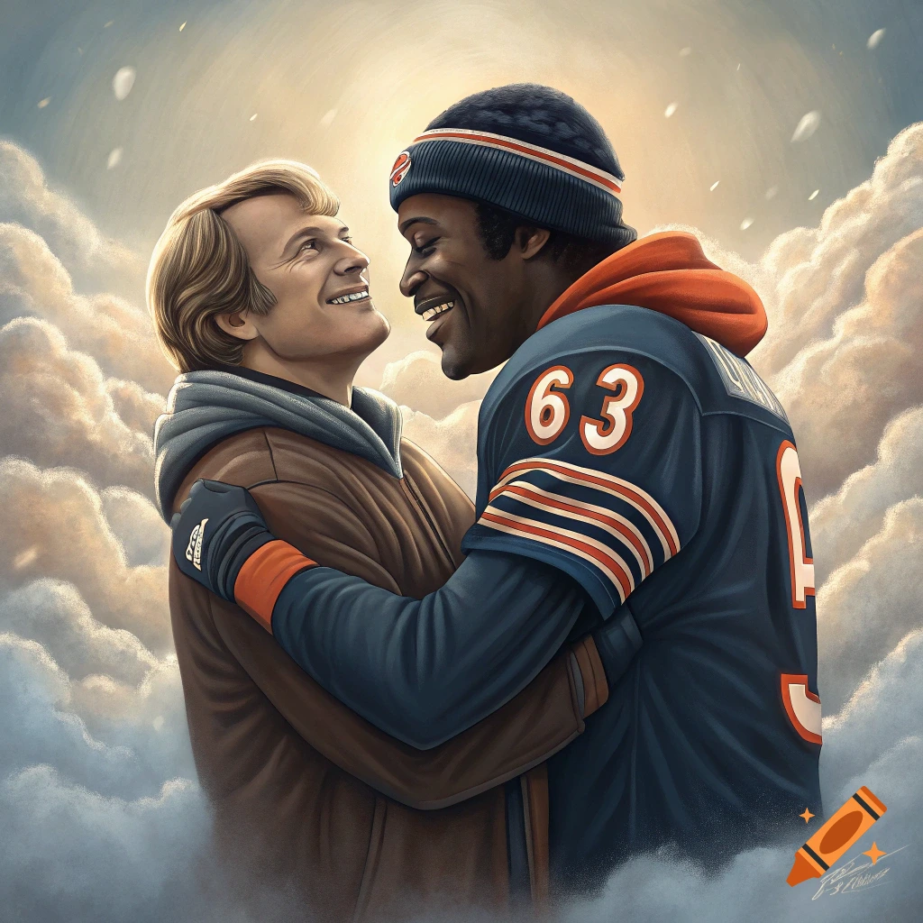 Steve McMichael and Walter Payton meeting in heaven on Craiyon