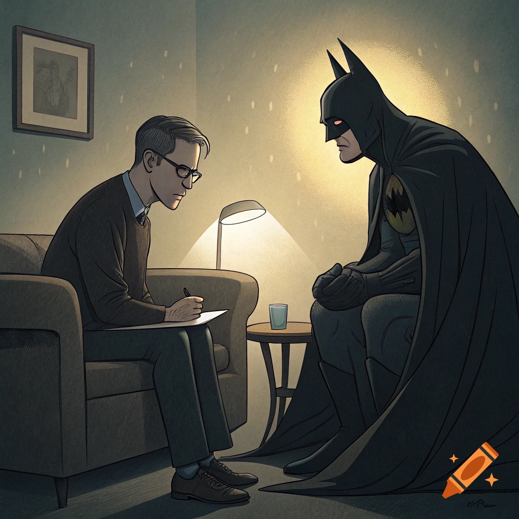A therapist in glasses sits opposite Batman, who is looking down during ...