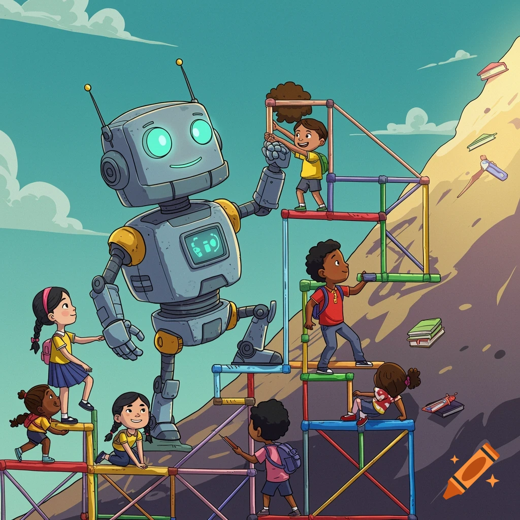Friendly robot teacher helping diverse students, colorful cartoon style ...