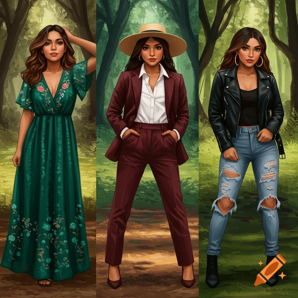 A woman in three different outfits in a forest. on Craiyon