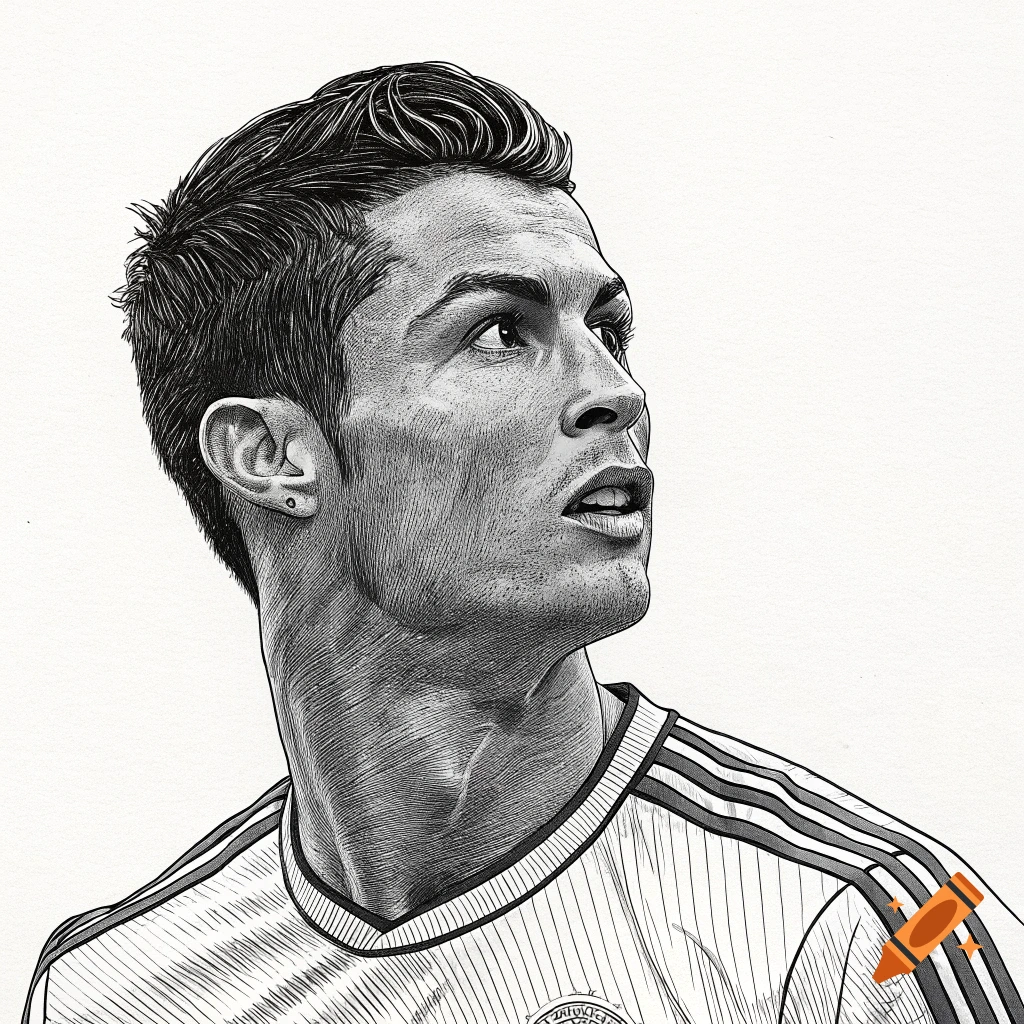Pencil sketch portrait of Cristiano Ronaldo looking up on Craiyon