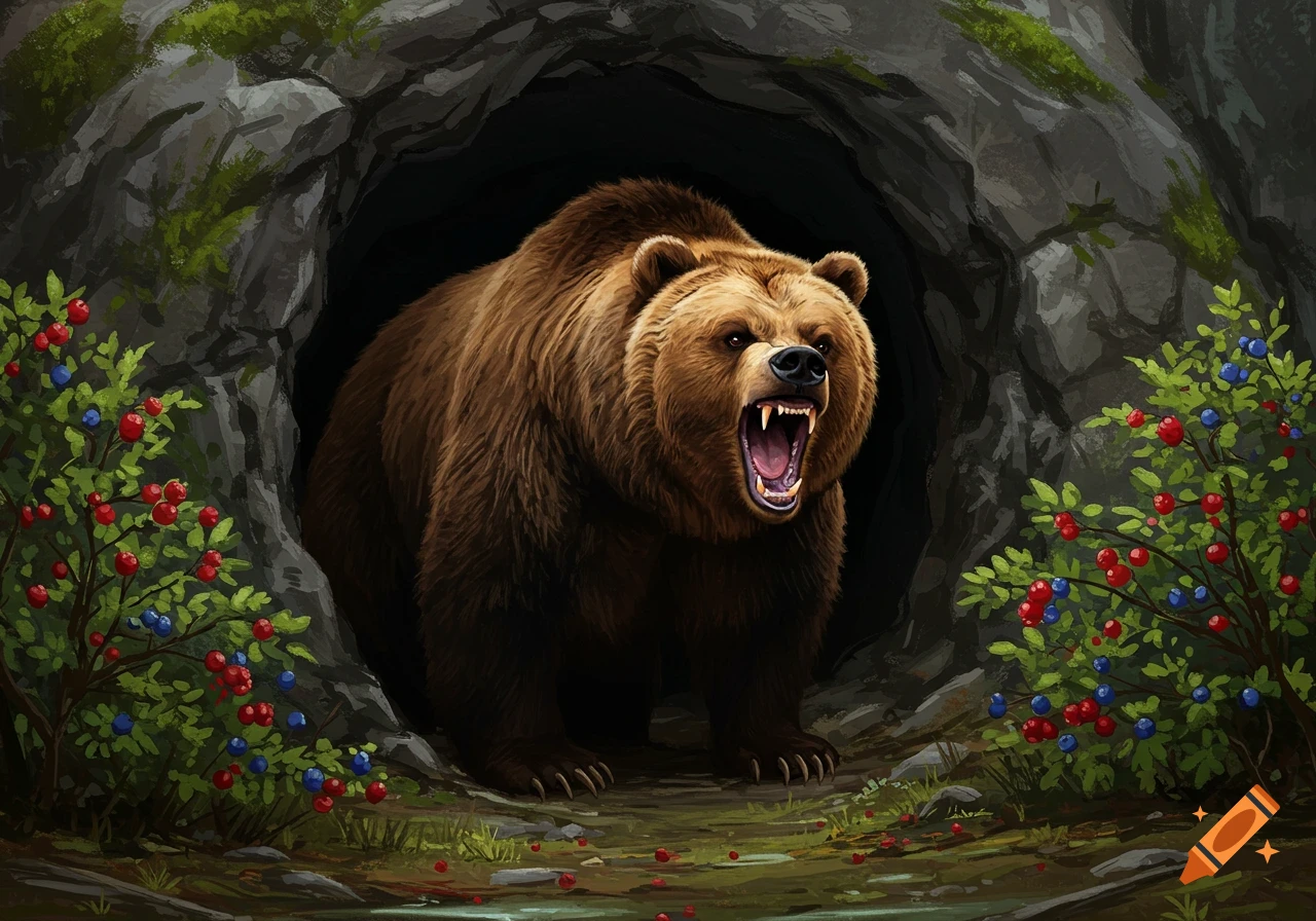 Angry bear in a cave with berry bushes on Craiyon