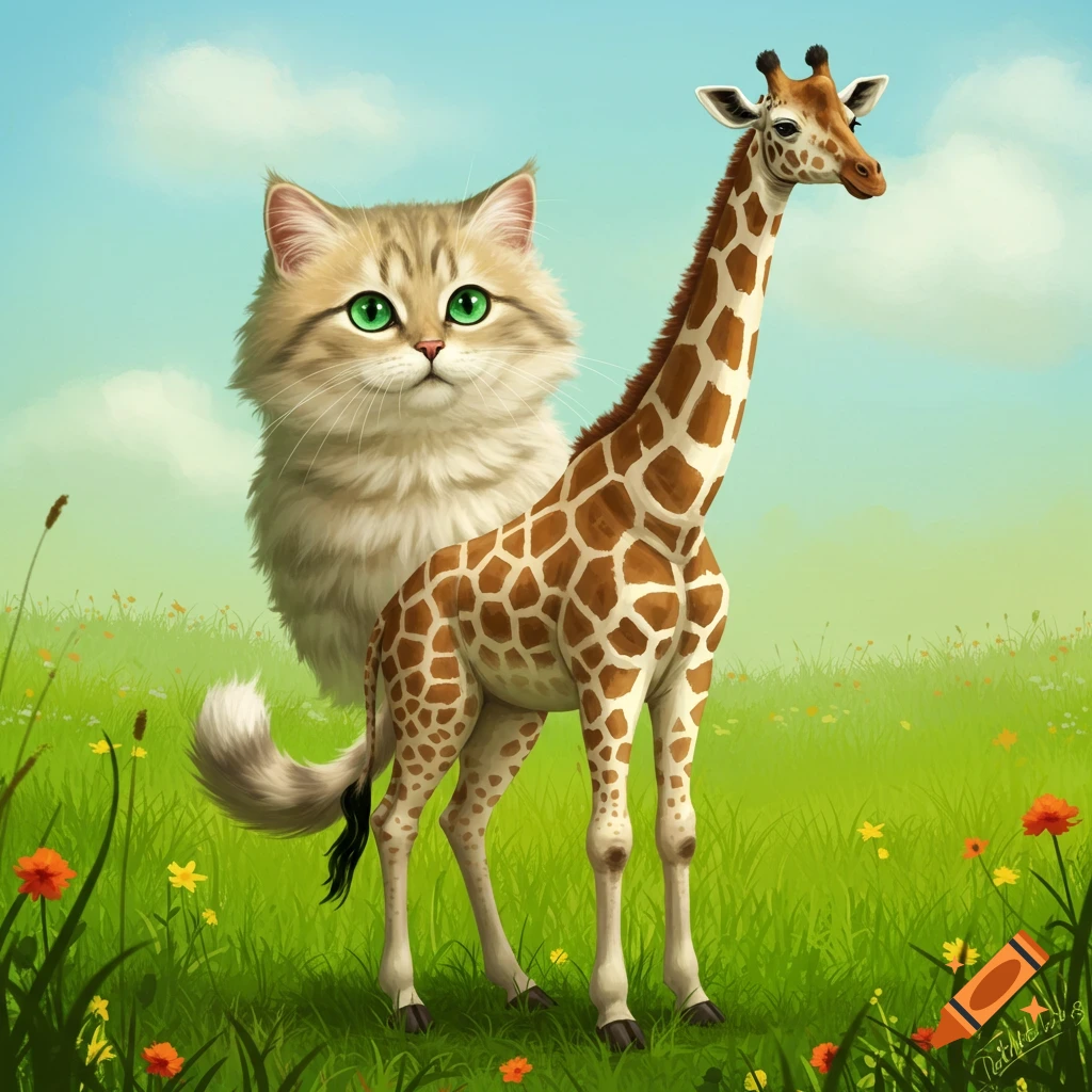 A cat-giraffe hybrid creature is in a grassy field with flowers. on Craiyon
