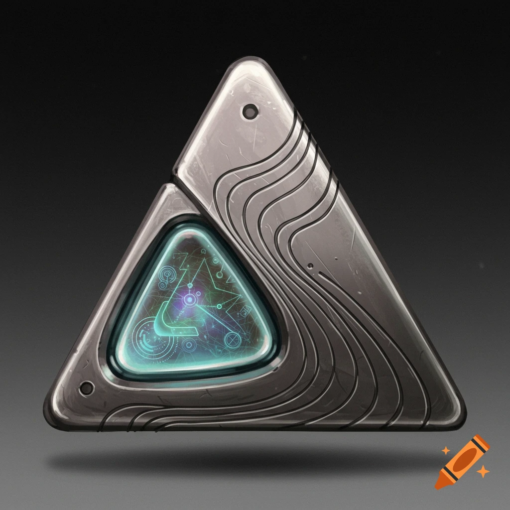 A close-up of a metallic triangular device with etched lines and a ...