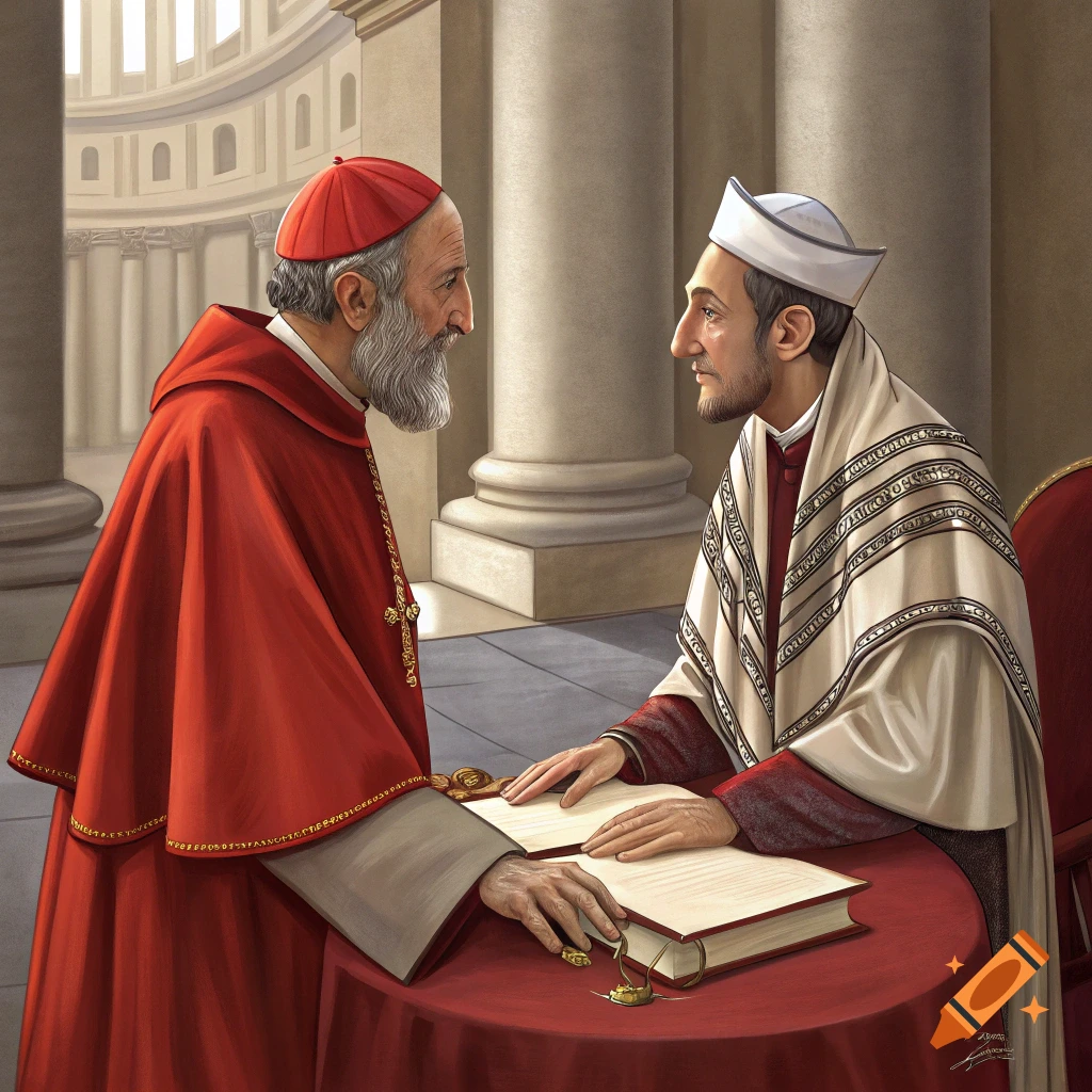 Painting of cardinals gathered in a grand room with elaborate frescoes ...