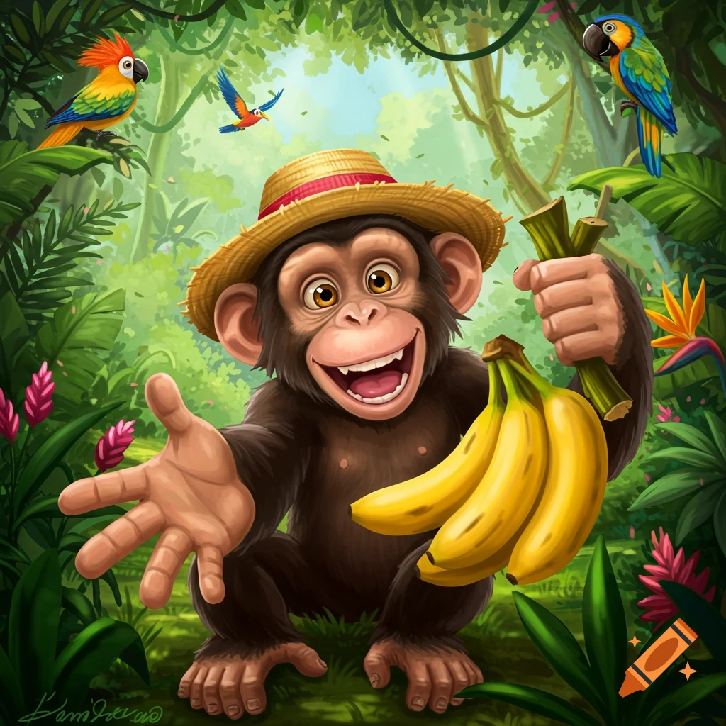 A cartoon monkey stands in a jungle holding a large futuristic RPG launcher. Illustration style ...