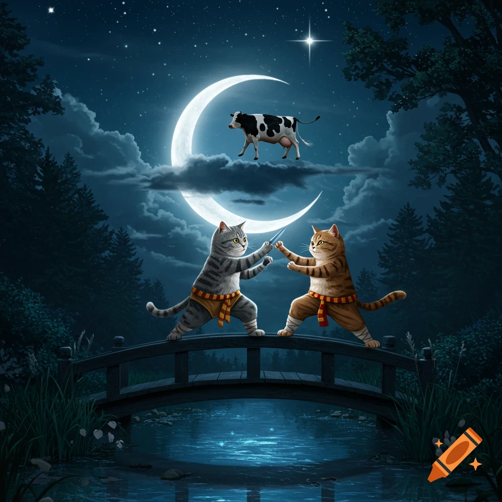 Two cats in martial arts stances face off on a bridge at night, with a ...