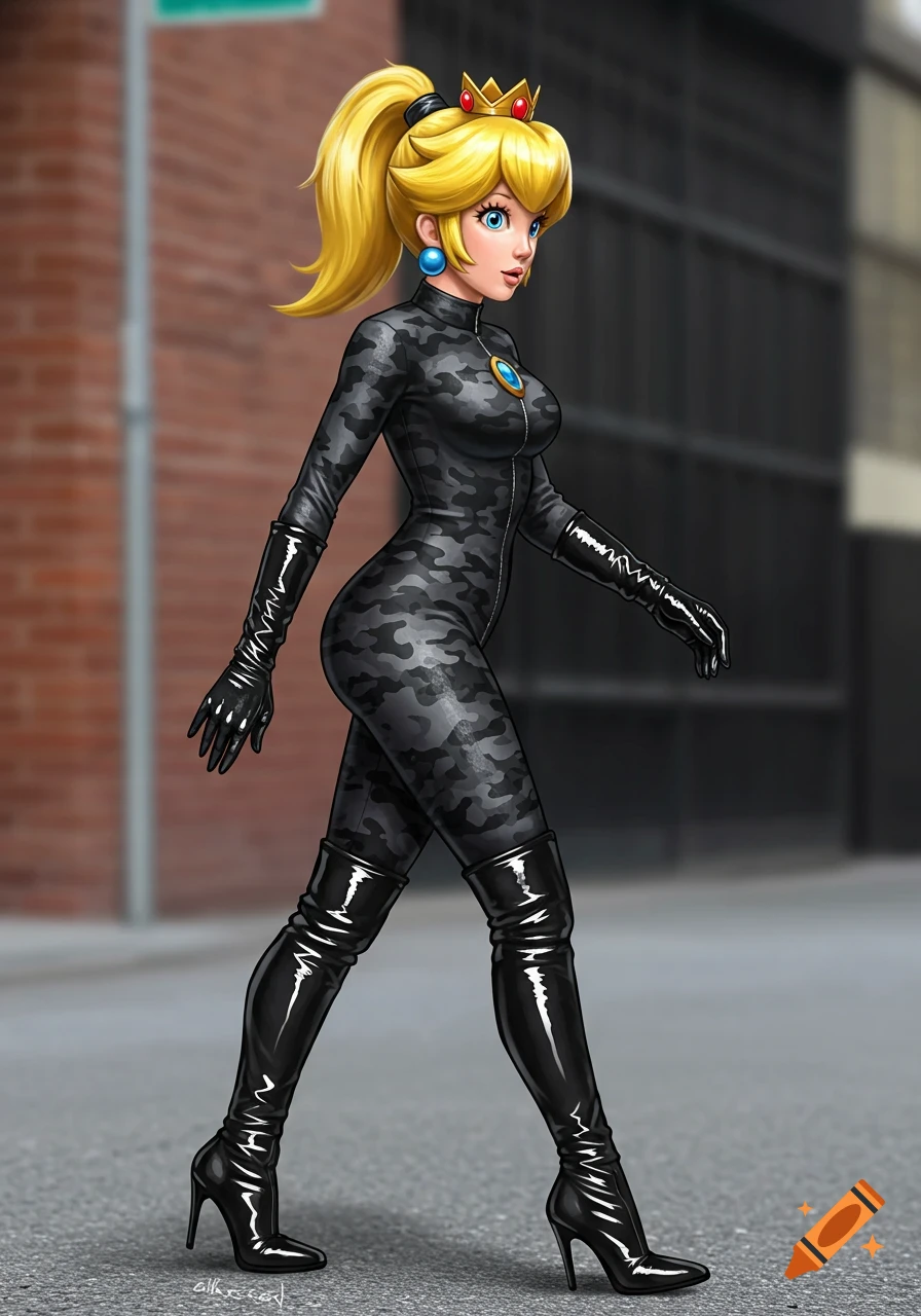 Princess Peach in a tight black camo suit with shiny boots and gloves ...