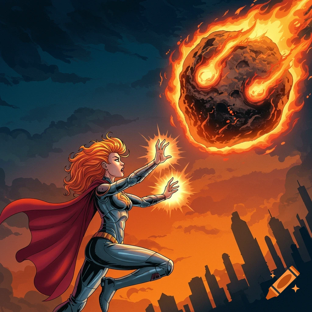 Female superhero stops a flaming meteor over a city in a comic book ...
