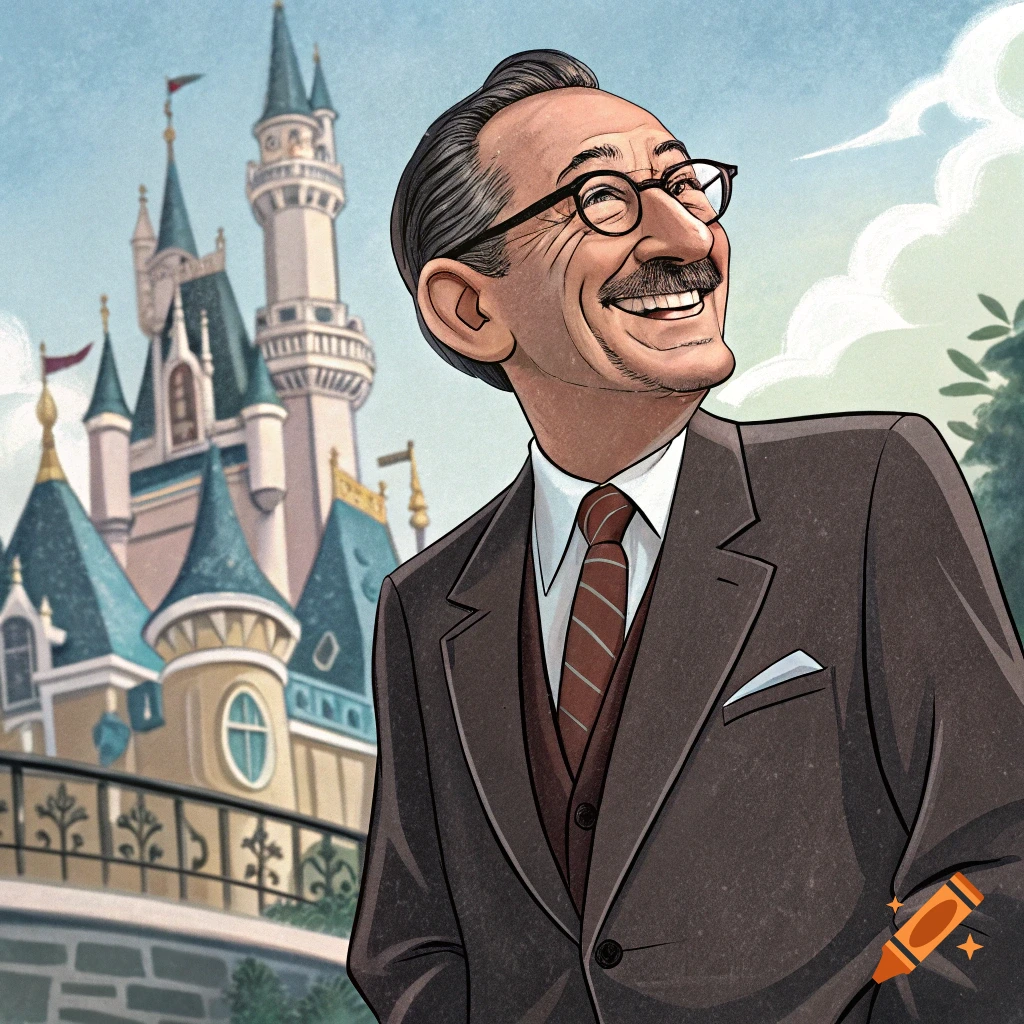 Illustration of Walt Disney smiling, with a castle and stars in the ...
