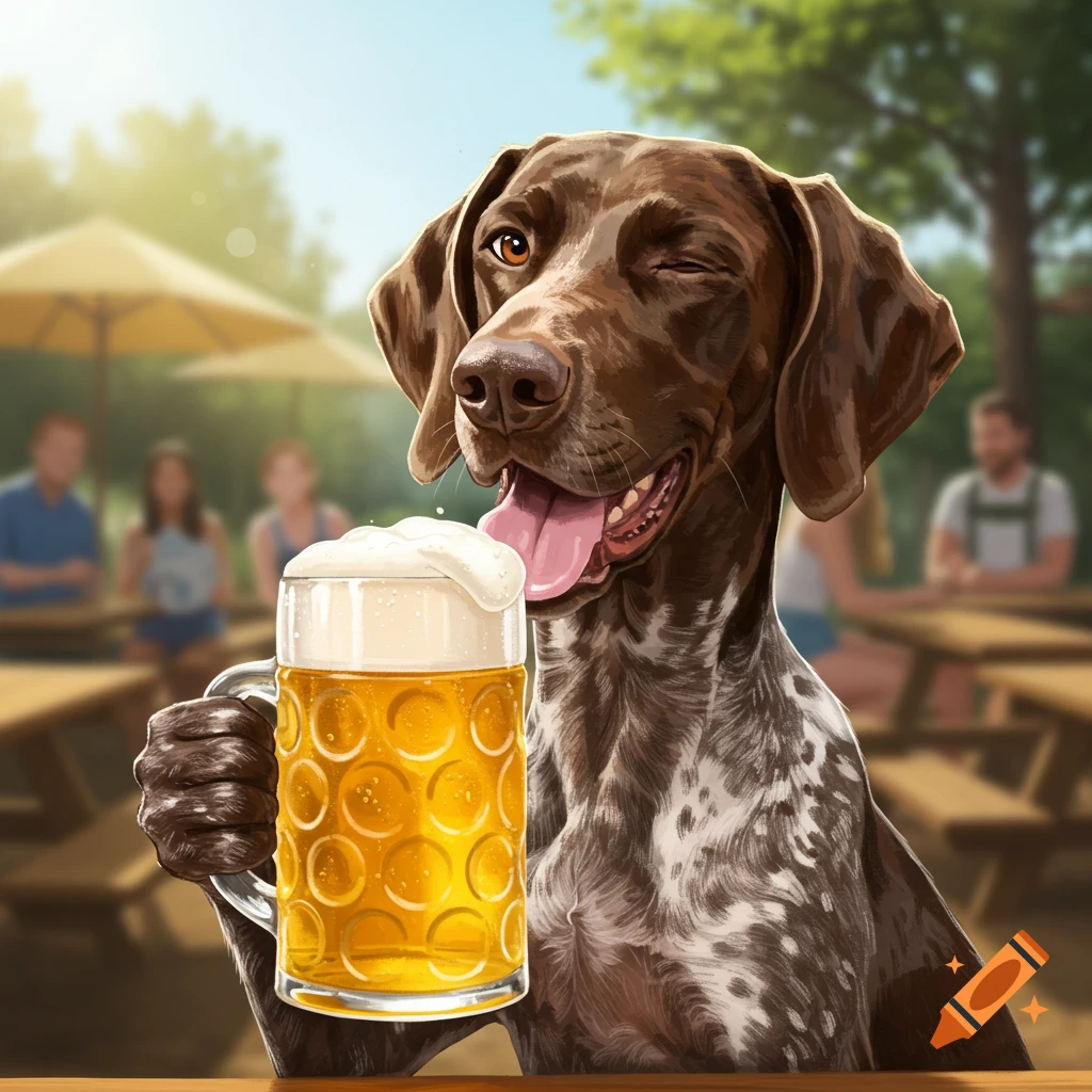A German Shorthaired Pointer dog holding a beer mug and winking. on Craiyon