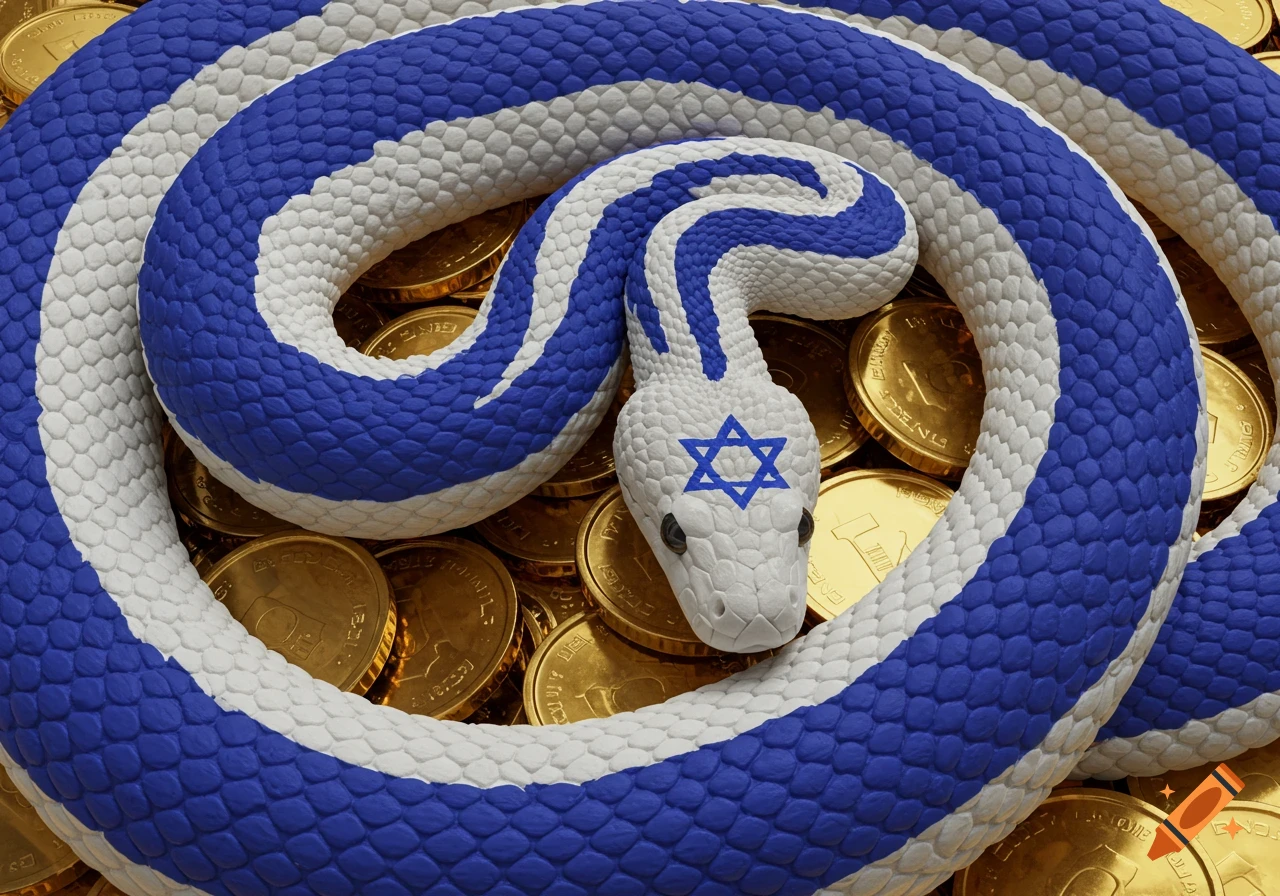 Snake with Israel flag skin coiling around gold coins on Craiyon