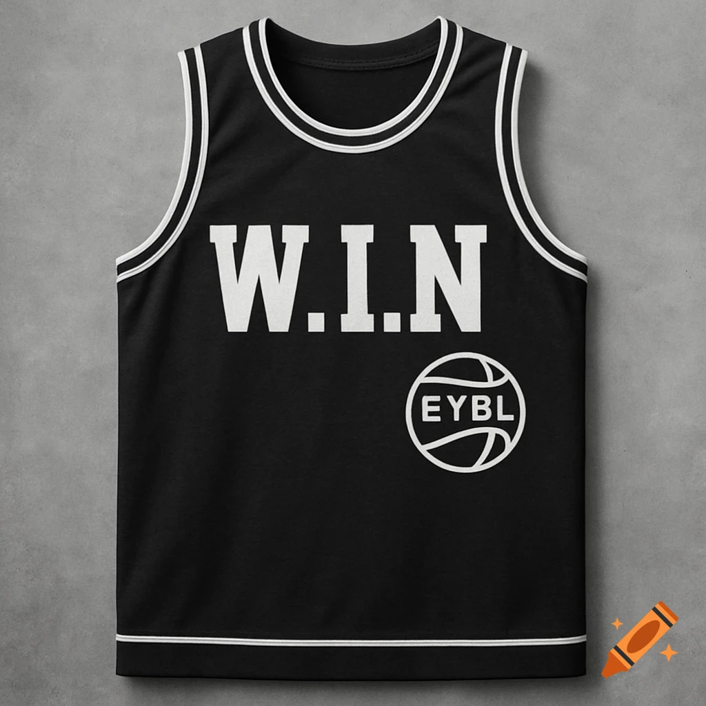 Black and white basketball jersey with W.I.N. and EYBL symbol on Craiyon