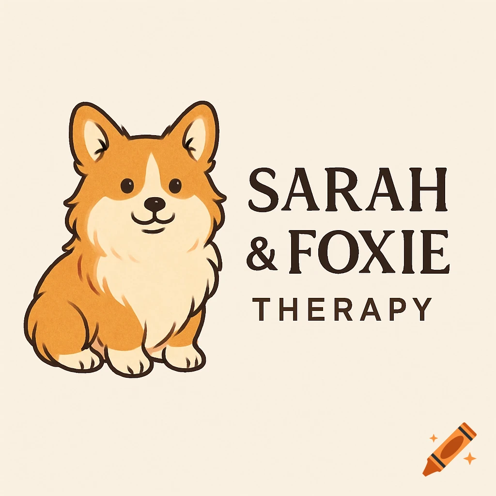 A cartoon corgi sitting next to the text "SARAH & FOXIE THERAPY". on ...