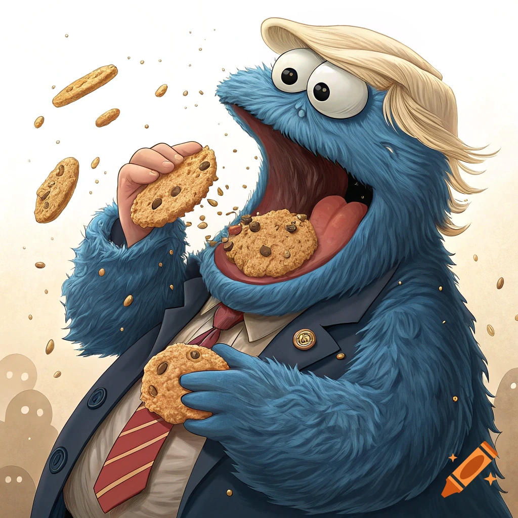 Close-up of Cookie Monster happily eating a stack of chocolate chip ...